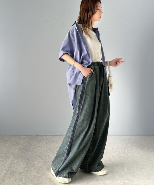 classicalelf パンツ デニム ジーンズ 環境に優しいサステナブル素材。綿100％デニム素材サイドラインワイドイージーパンツ レディース : ZOZOTOWN Yahoo!店 ...