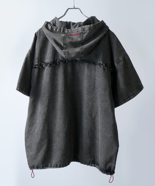 Starting Over シャツ Fringe denim one point hoodie/フリンジデニム ワンポイント刺繍 半袖パーカー ...
