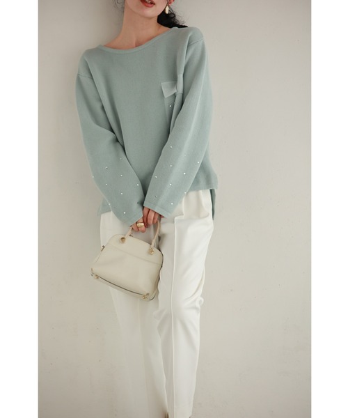 cawaii ニット セーター 袖に輝くビジューとシアーポケットのニット