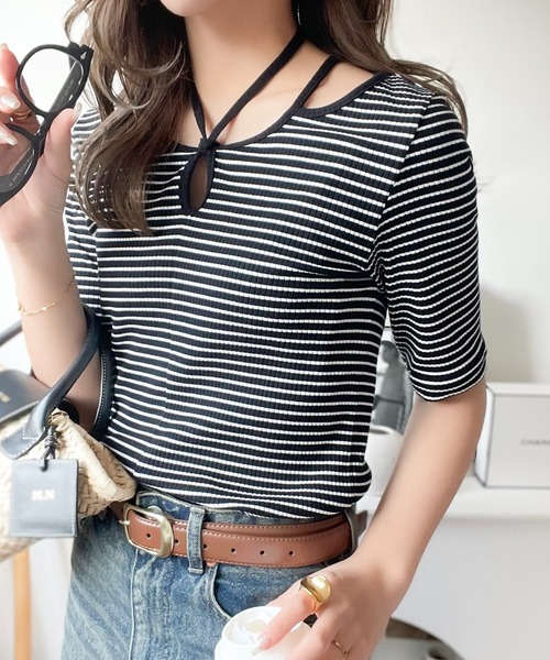classicalelf tシャツ デコルテを美しく演出する。パイピング配色リブカットソー(半袖) レディース : ZOZOTOWN Yahoo!店 - 通販 - Yahoo!ショッピング