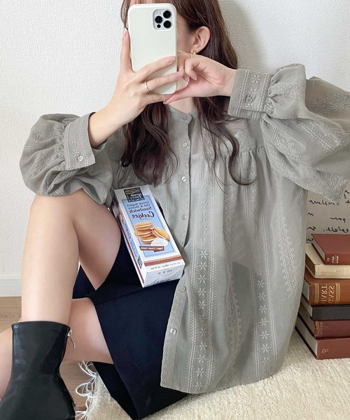 Yahoo!オークション - 「classicalelf」 長袖ブラウス LARGE グレー レ...