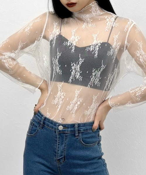 tシャツ Tシャツ Mellow high neck see-through lace tops / メローハイネックシースルーレーストップス ...