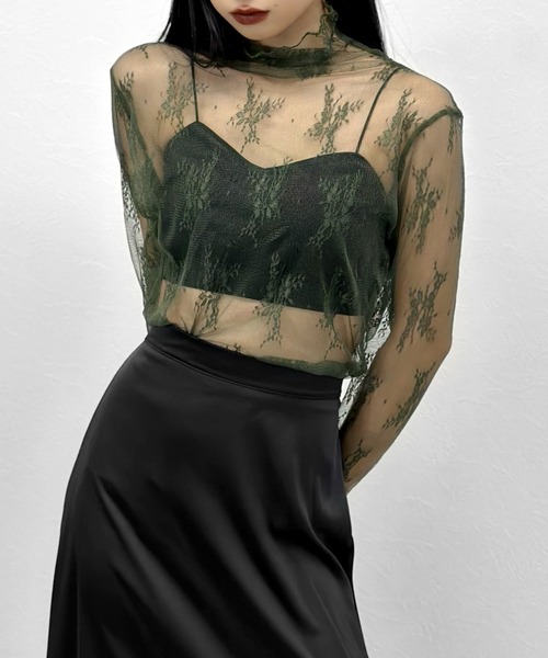 tシャツ Tシャツ Mellow high neck see-through lace tops / メローハイネックシースルーレーストップス ...
