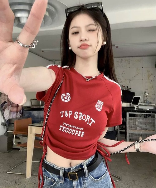 shopnikoniko tシャツ ゲームTシャツ 半袖 ブロークコア Tシャツ ショート丈 袖ライン スポーツ ユニフォーム ゲームシャツ レディース : ZOZOTOWN Yahoo!店 ...