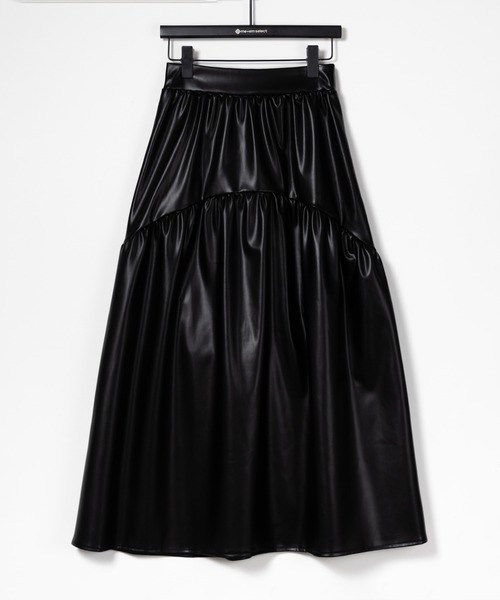 me+em select スカート 「 2color 」メタリックフェイクレザーギャザーフレアスカート ／ metallic fake leather gather flare ...