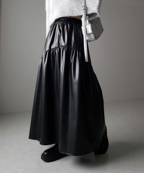 me+em select スカート 「 2color 」メタリックフェイクレザーギャザーフレアスカート ／ metallic fake leather gather flare ...