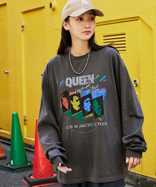 tシャツ Tシャツ 【QUEEN/KISS/Slipknot】ヴィンテージライク ロックプリントピグメント加工 長袖Tシャツ ...