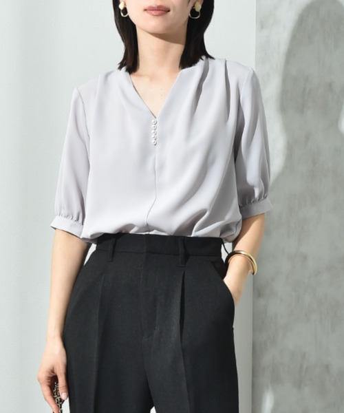 INTERPLANET ブラウス シャツ モスクレープVネックパールデザイン半袖ブラウス レディース : ZOZOTOWN Yahoo!店 - 通販 - Yahoo!ショッピング