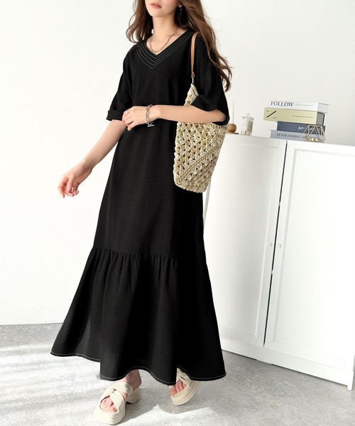 classicalelf ワンピース 大人の抜け感。ステッチ使いVネックロングワンピース レディース : ZOZOTOWN Yahoo!店 - 通販 - Yahoo!ショッピング