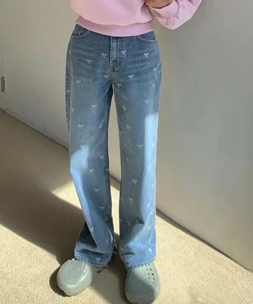 LYEON（リヨン） ジーンズ デニム デニムパンツ ミニリボン抜染デニム/ストレートデニムパンツ レディース : ZOZOTOWN ...