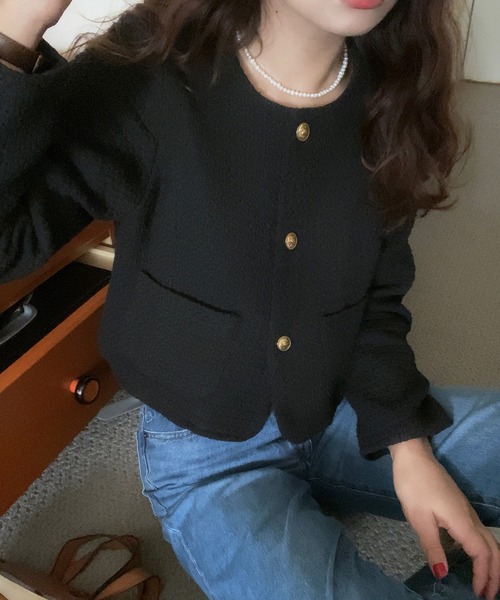 Yahoo!オークション - 「LAUIR」 ツイードジャケット MEDIUM ブラック ...