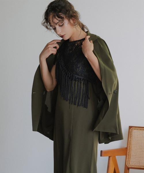 Callarus セットアップ ノーカラージャケットアシメフリンジ使いレース