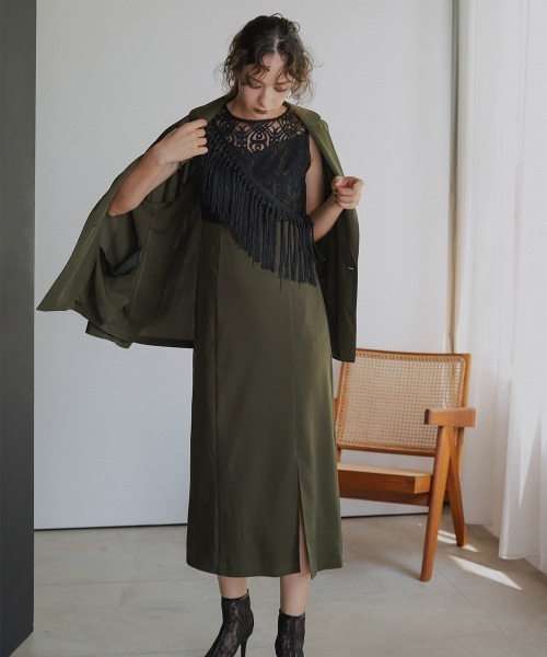 Callarus セットアップ ノーカラージャケットアシメフリンジ使いレース