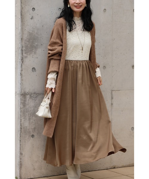 新作11月24日 重ね着で毎日が楽しくなる レースドッキングワンピース cawaii ky00037 S~M/L~XL対応 長袖 レース 微光沢 ドッキング ブラック アイボリー オシャレ 個性的 大人可愛い エレガント 上品 秋服 冬服 体型カバー レディース ファッション ミセス 30代 40代 50代 cawaii ワンピース 重ね着で毎日が楽しくなる レースドッキング