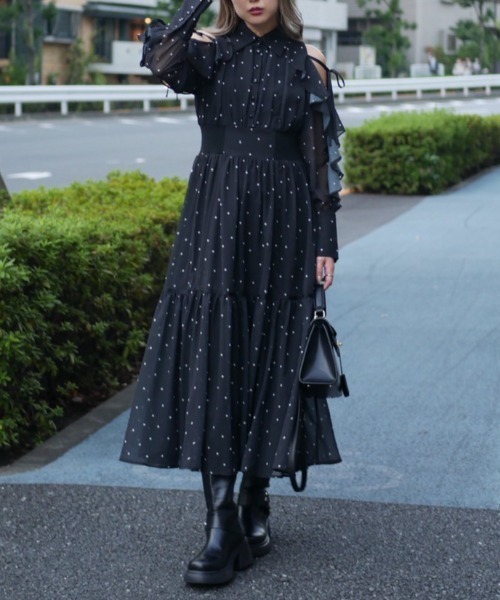 rienda（リエンダ） ワンピース フリルスリーブニットドッキングワンピ