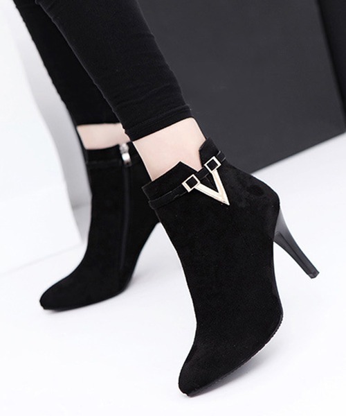 ブーツ　ショートブーツ　ラインストーン　華やか　おしゃれ　ｖカット　　履きやすい　歩きやすい　美脚　サイドファスナー STYLEBLOCK（スタイルブロック） ブーツ Vカットサイドファスナー