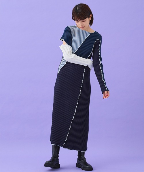 パブリックトウキョウ 総柄 長袖 ウールブレンド ニット ロングワンピース FREE ブラック系 PUBLIC TOKYO 日本製 レディース PUBLIC TOKYO（パブリックトウキョウ） ニットワンピース FREE