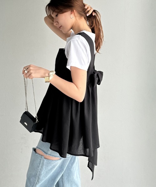 classicalelf オールインワン 「AYA×クラシカルエルフコラボ」2点セットでコーデ無限大♪ 背中で魅せる大人リボン。リネン混バックリボンペプラムセットアップ レディ ...