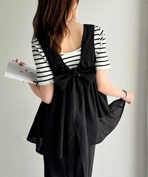 classicalelf オールインワン 「AYA×クラシカルエルフコラボ」2点セットでコーデ無限大♪ 背中で魅せる大人リボン。リネン混バックリボンペプラムセットアップ レディ ...