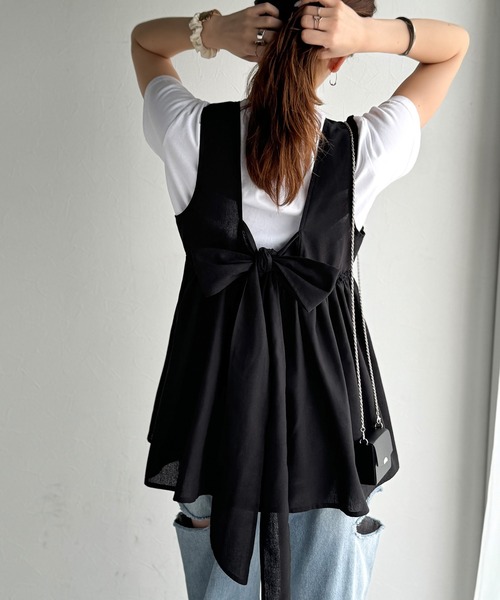 classicalelf オールインワン 「AYA×クラシカルエルフコラボ」2点セットでコーデ無限大♪ 背中で魅せる大人リボン。リネン混バックリボンペプラムセットアップ レディ ...