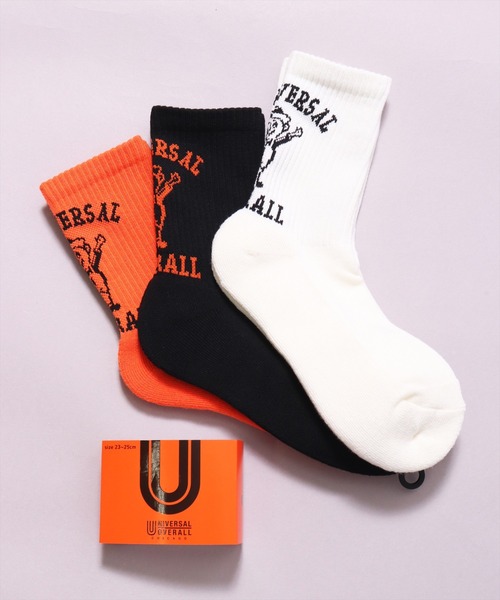 UNIVERSAL OVERALL 靴下 (LG)「UNIVERSAL OVERALL」「3足セット」バッグ カレッジロゴ ＆ WINDY リブ クルーソックス メンズ レディース ...