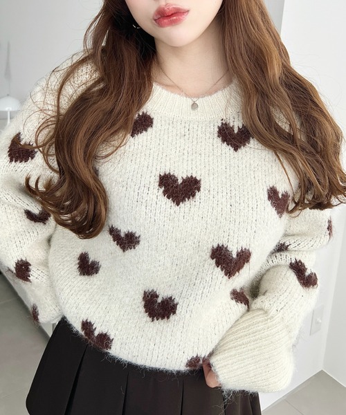moment+ ニット セーター Wジャガードハート柄フェザーニットプル
