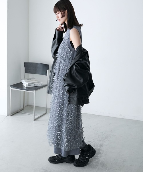 Rire Feteの異素材ノースリーブワンピース(オーガンジー風リボン付き