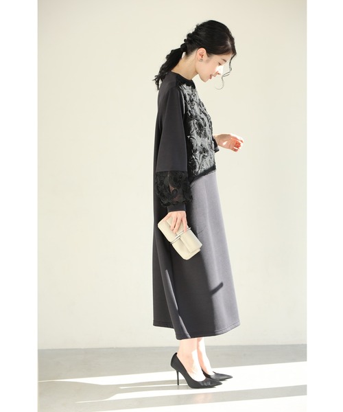 cawaii ワンピース （黒）黒花レリーフのゆるやかコクーンシルエット