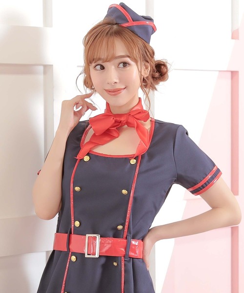 Tika コスプレ かわいい CA スチュワーデス キャビンアテンダント レトロ ベルト付き 半袖 Aライン ワンピース 4点セット ハロウィン : ZOZOTOWN Yahoo!店 - 通販 ...