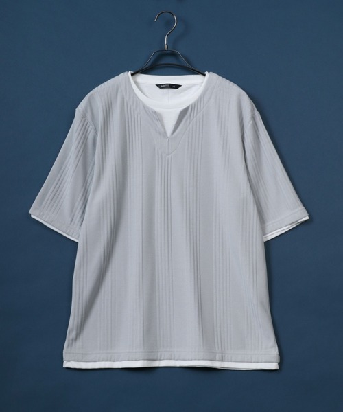 tシャツ Tシャツ Quick Dry Fake layered Keyneck T-Shirt/ランダム針抜き フェイクレイヤード キー ...