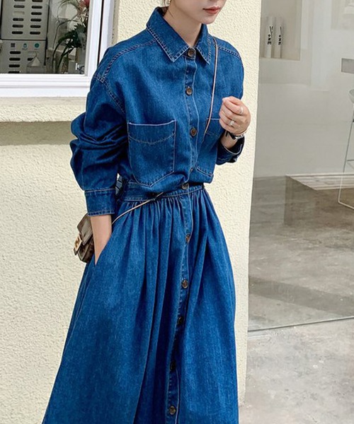 Yahoo!オークション - 「JUNOAH」 シャツワンピース MEDIUM ブルー レ...