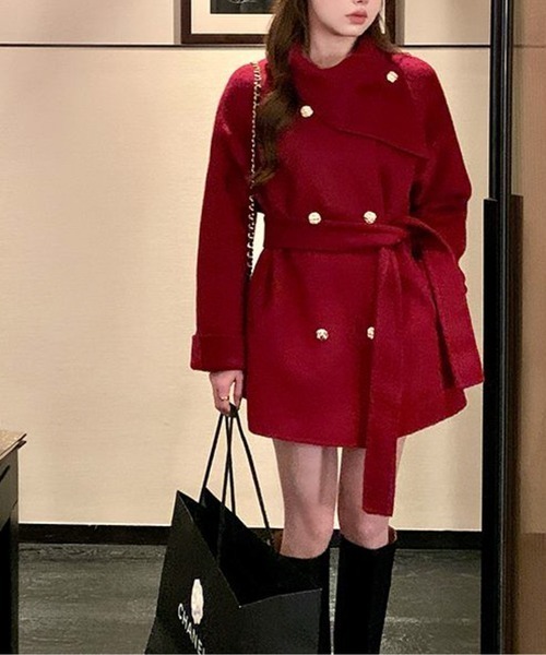 コート アウター ウエストベルト付きエレガントミドル丈コート／金