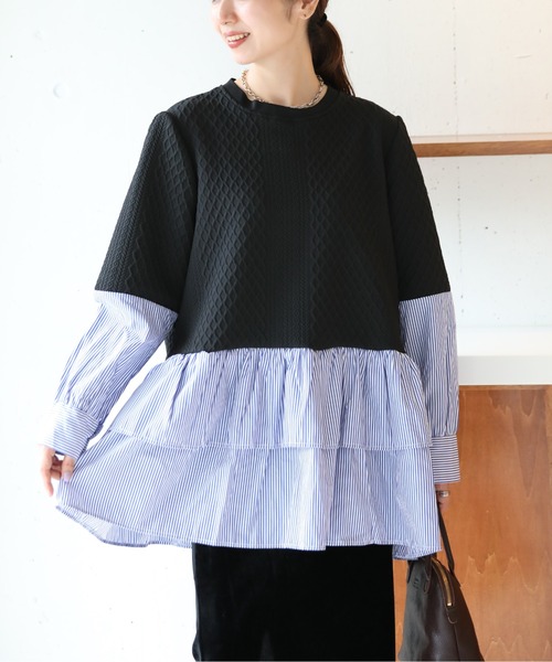 SETUP7 ニット セーター 「SETUP7」ボリュームスリーブ異素材ドッキングクルーネックニット ペプラムトップス KNF037 レディース : ZOZOTOWN Yahoo!店 - 通販 ...