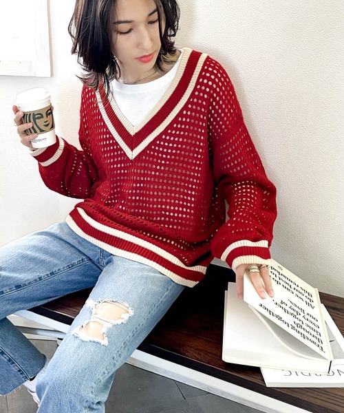 classicalelf ニット Vネック配色メッシュニットトップス : ZOZOTOWN Yahoo!店 - 通販 - Yahoo!ショッピング