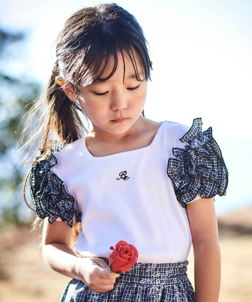 BeBe tシャツ 「お揃い」先染めチェックローズプリントフリルパフスリーブリブTシャツ(90~160cm) キッズ 子供服 男の子 女の子 : ZOZOTOWN Yahoo!店 - 通販 ...