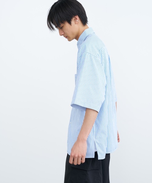 Yahoo!オークション - 「SINSS」 7分袖シャツ MEDIUM ホワイト×ブルー...