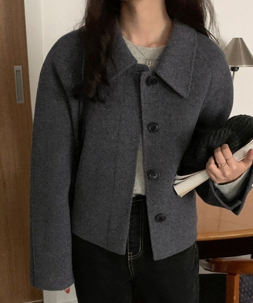 ジャケット テーラードジャケット ウール調ワイドカラーショート丈