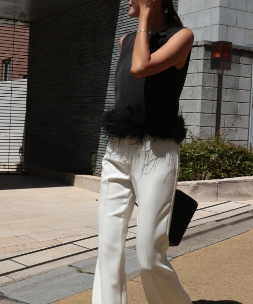 AMBIENT（アンビエント） tシャツ フェザートリムノースリーブトップス