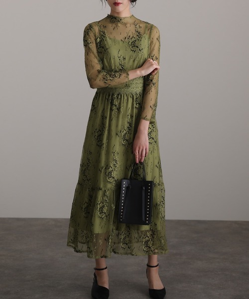 Yahoo!オークション - 「atlo」 「PourVous」7分袖ワンピース M グリー...