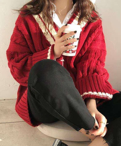 Yahoo!オークション - 「Dewlily」 Vネックニット FREE レッド レディ...