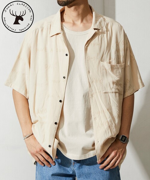 Jonas Claesson シャツ JONAS CLAESSON/ジョナス クレアッソン リネンレーヨン オープンカラー ショートスリーブシャツ/同色総柄プリント メンズ ...