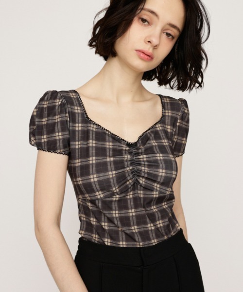 SLY tシャツ CHECK PRINT PUFF SLEEVE TOPS チェック プリント パフスリーブ トップス レディース : ZOZOTOWN Yahoo!店 - 通販 ...