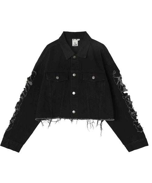 Distressed black denim jacket store