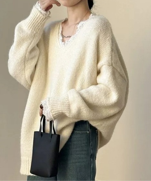 ニット セーター レースインナー風Vネックゆるニットプルオーバー