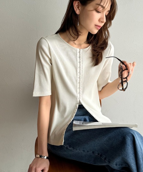 classicalelf カーディガン 大人の抜け感カジュアル。綿100％前後2way5分袖フロントホックカーディガンリブトップス レディース : ZOZOTOWN Yahoo!店 - 通販 ...